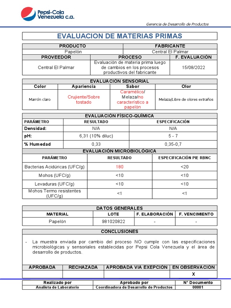 Evaluacion Materia Prima Papelón El Palmar Ago 2022 | PDF ...
