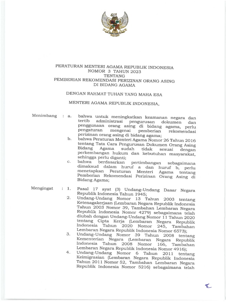 PMA - 2023 No. 3 Tentang Pemberian Rekomendasi Perizinan Orang Asing Di ...