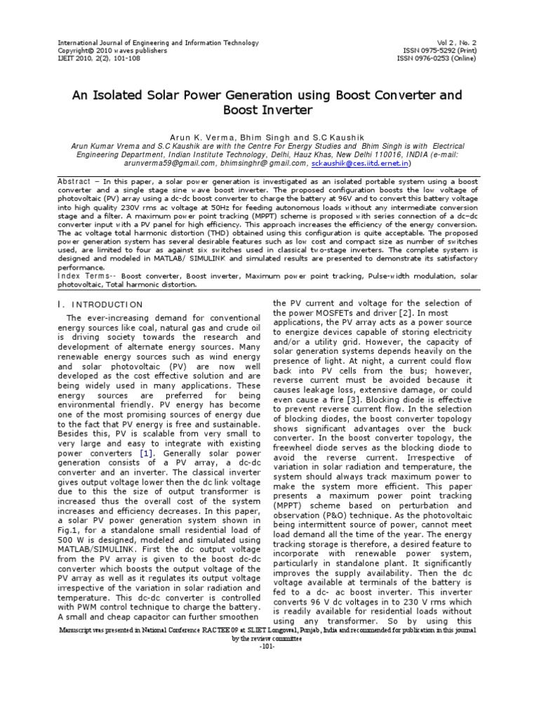 An Isolated Solar Power Generation Using Boost Converter and Boost ...