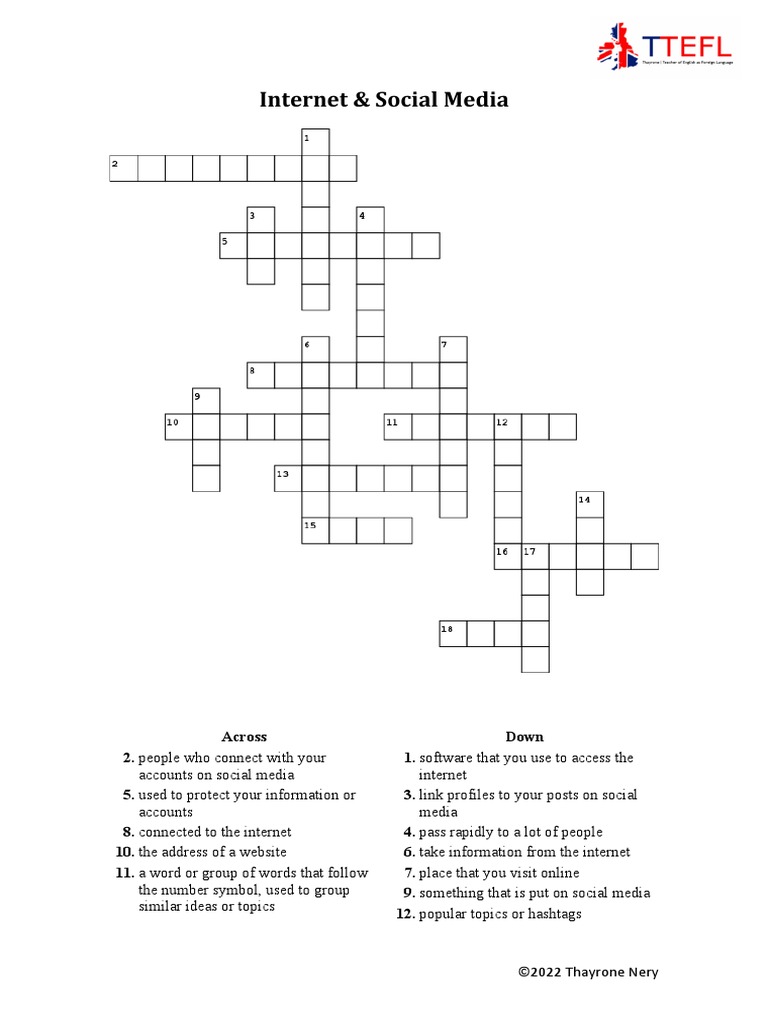 Internet and Social Media Wordcross ESL Vocabulary Exercise | PDF