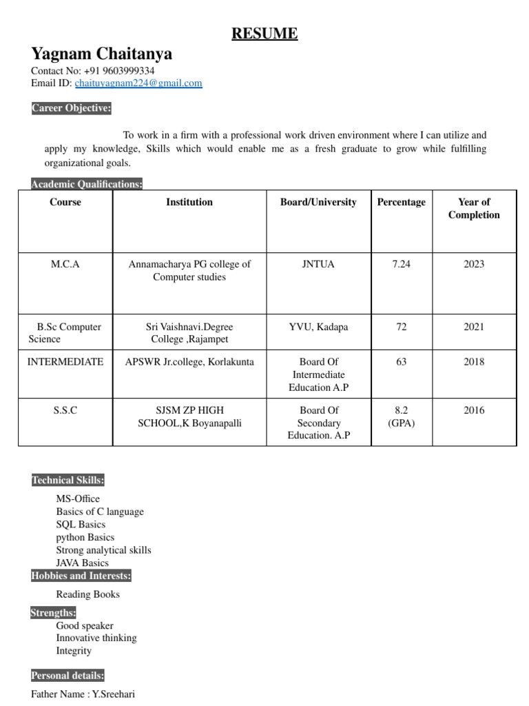 MCA Fresher Resume Sample | PDF