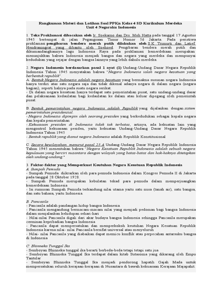 Rangkuman Materi Dan Latihan Soal PPKN Kelas 4 SD Kurikulum Merdeka | PDF