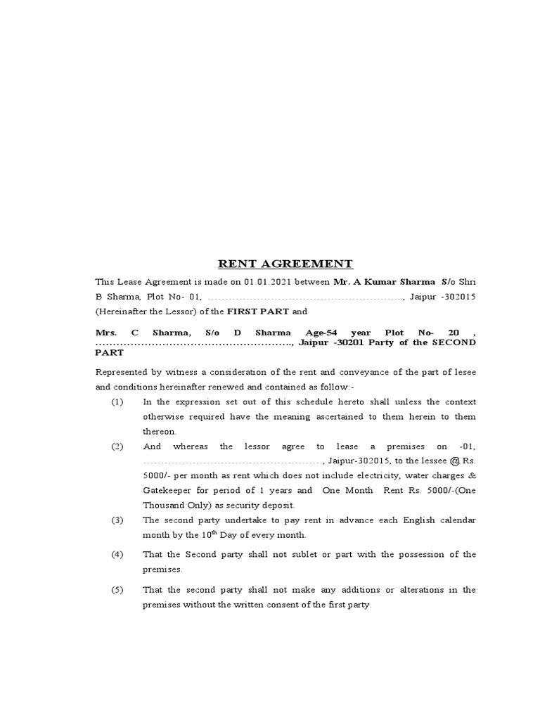 Simple House Rent Agreement Format in Word | PDF | Lease | Natural ...