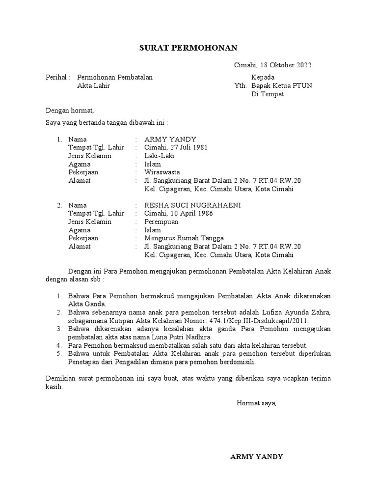 Surat Permohonan Ocha | PDF | Hukum