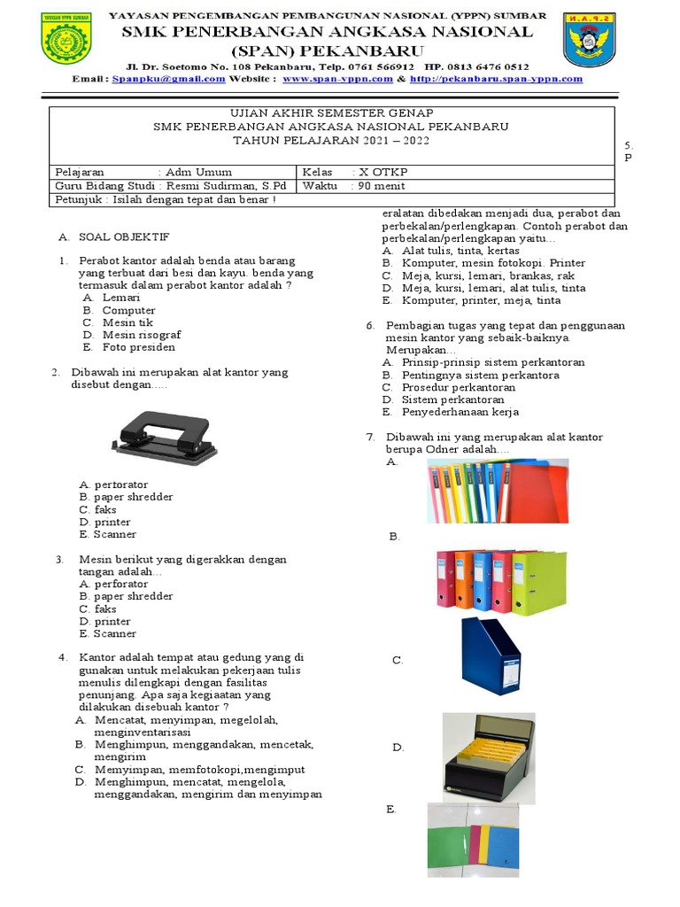 Soal Ujian Adm Umum Semester Genap Kelas X Otkp | PDF