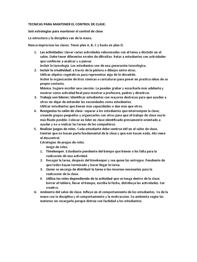 Tecnicas para Mantener El Control de Clase Gibson Marval | PDF | Cognición