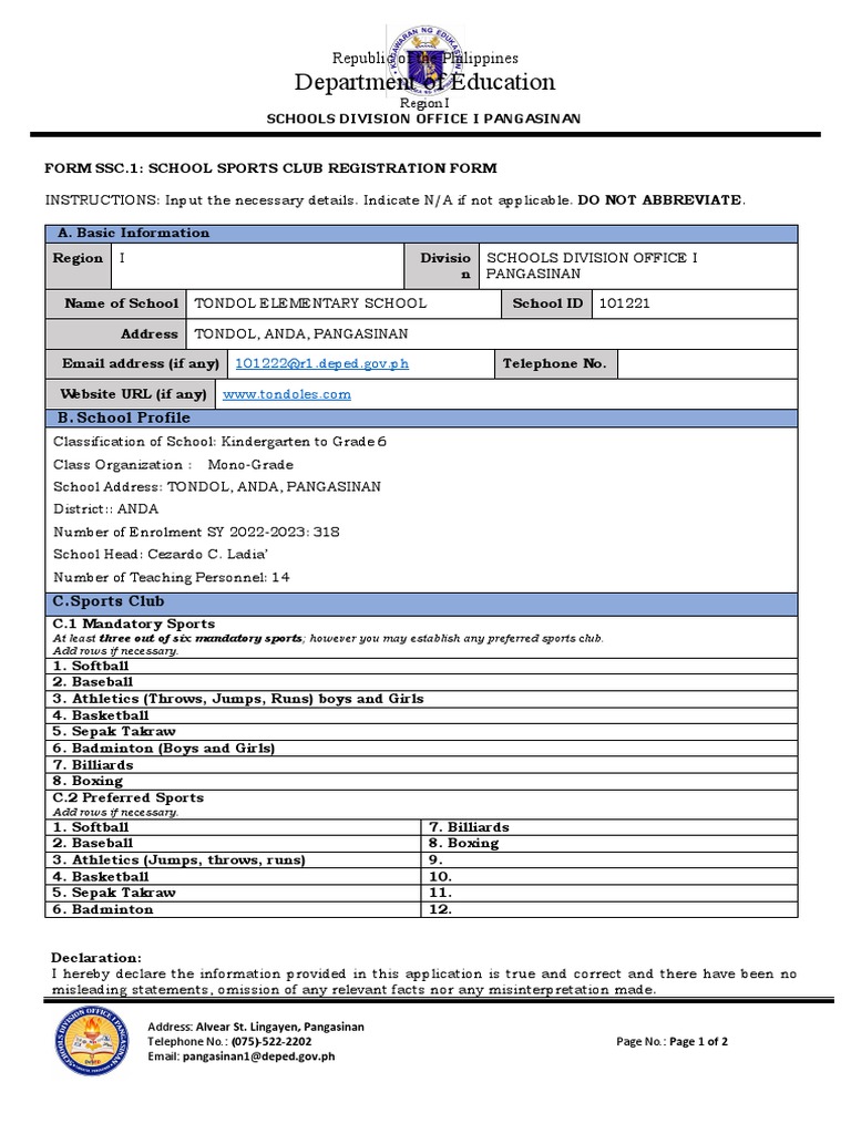 FORM SSC.1 School Sports Club Registration Form | PDF