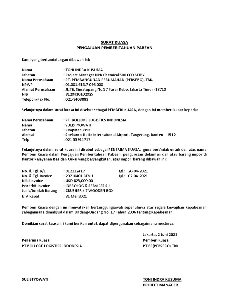 Contoh Surat Kuasa Import Lengkap | PDF | Hukum