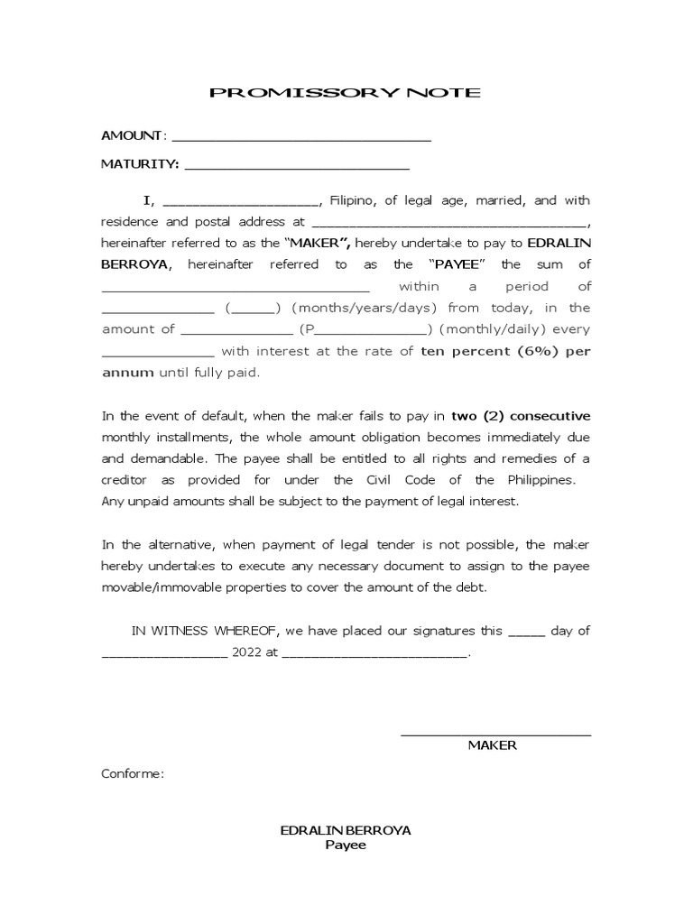 Promissory Note Sample | PDF | Promissory Note | Payments