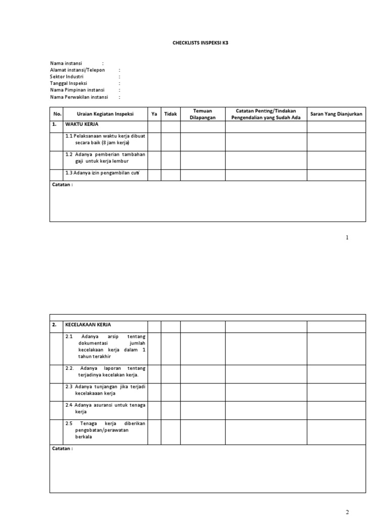Checklist Inspeksi K3 Lengkap dan Efektif | PDF