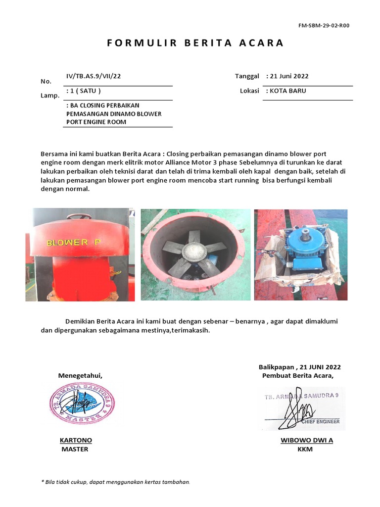 21062022-Asa9-Berita Acara Closing Blower Port Engine Room | PDF