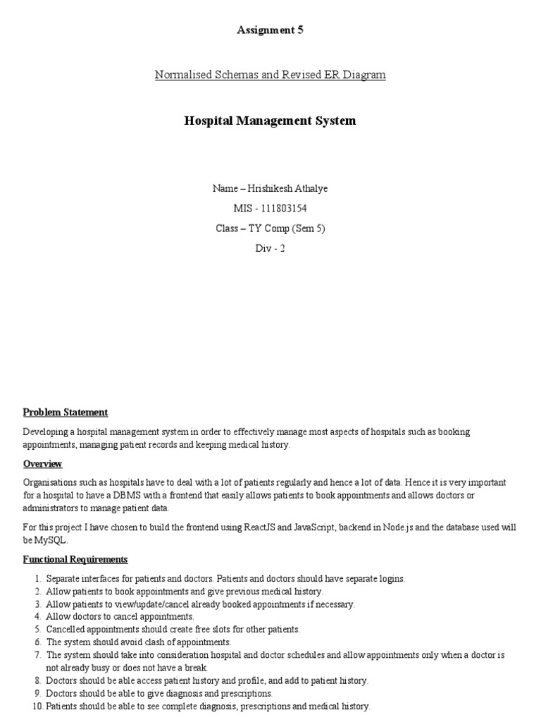 Normalised Schemas and Revised ER Diagram for Hospital Management ...