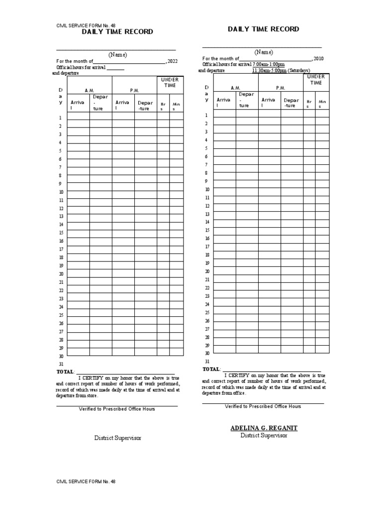 DTR Daily Time Record Form 48 | PDF