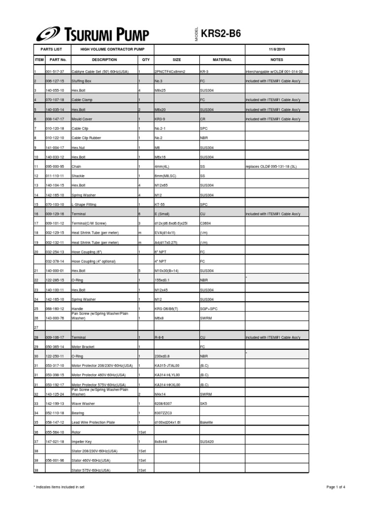 Parts List - KRS2-B61 | PDF | Screw | Pump