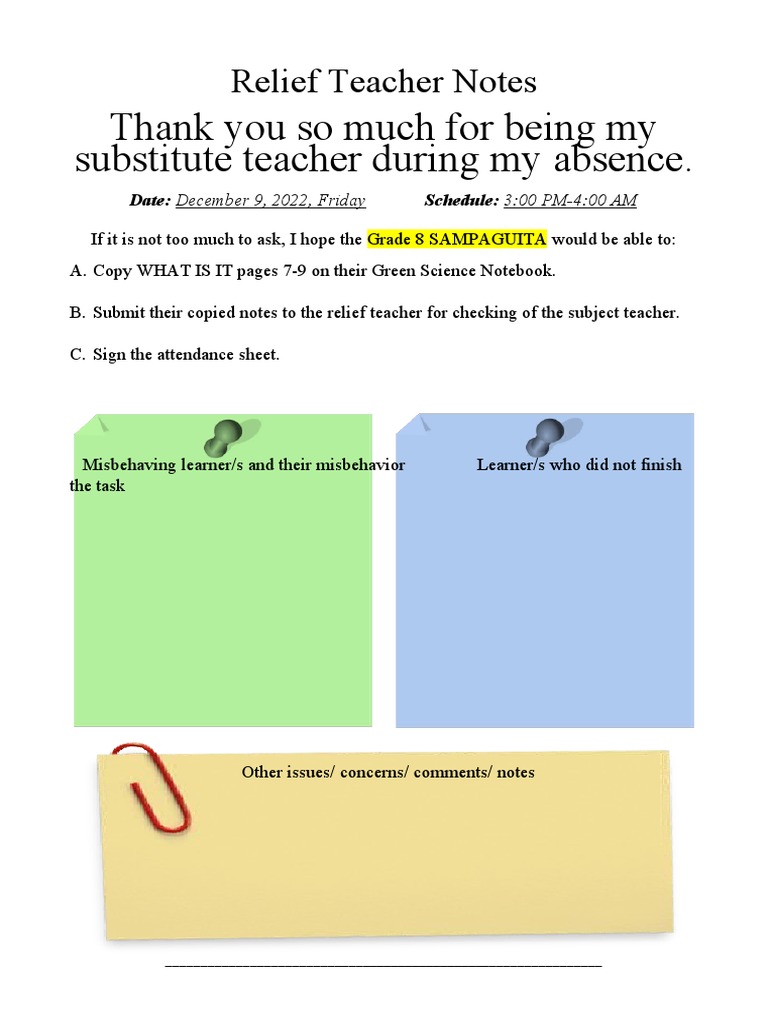 Substitute Teacher Notes | PDF
