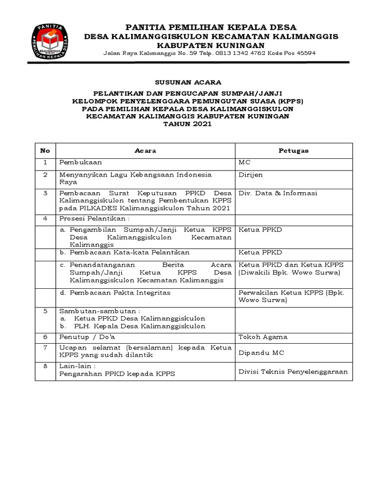 Instrumen Pelantikan Ketua KPPS - Pilkades | PDF