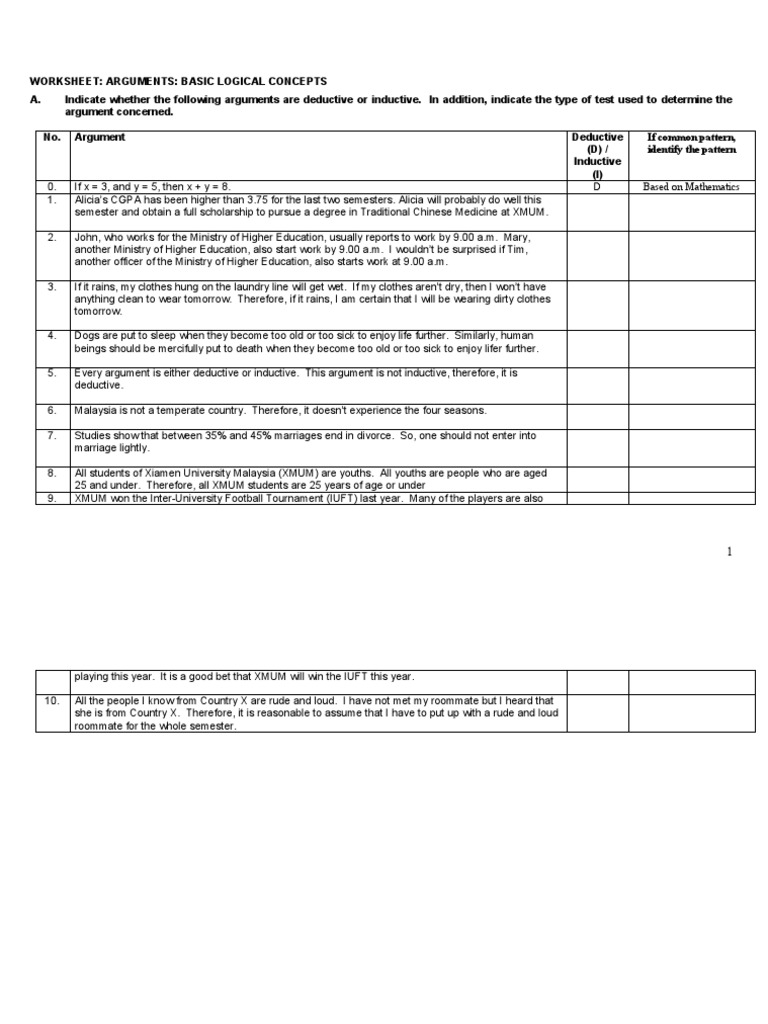 Worksheet On Arguments | PDF | Argument | Deductive Reasoning