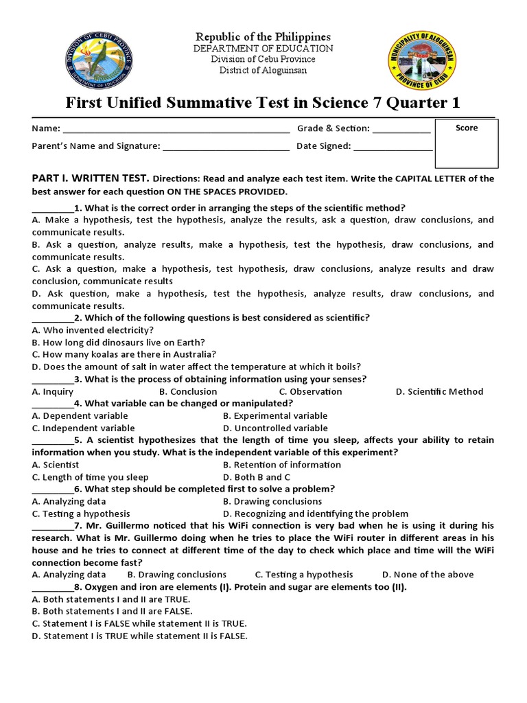 First Unified Summative Test in Science 7 Quarter 1 | PDF | Mixture ...