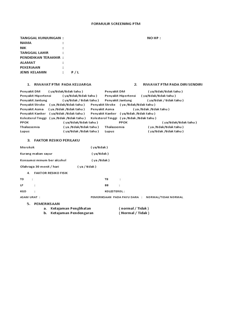 Formulir Screening PTM | PDF