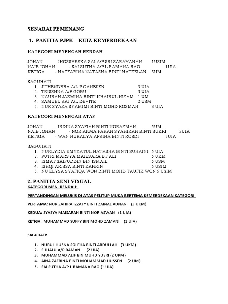 Pemenang Sambutan Bulan Kemerdekaan | PDF Pemenang Sambutan Bulan Kemerdekaan | PDF