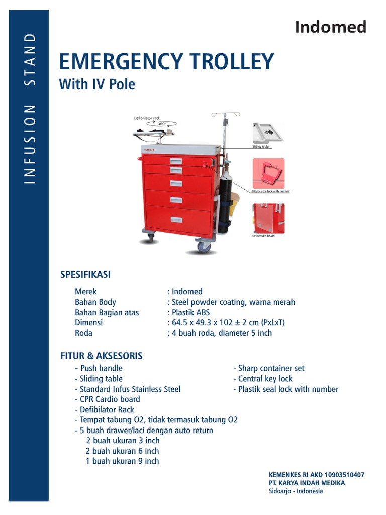 EMERGENCY TROLLEY Indomed IV Pole Steel Drawers Defibrator O2 | PDF