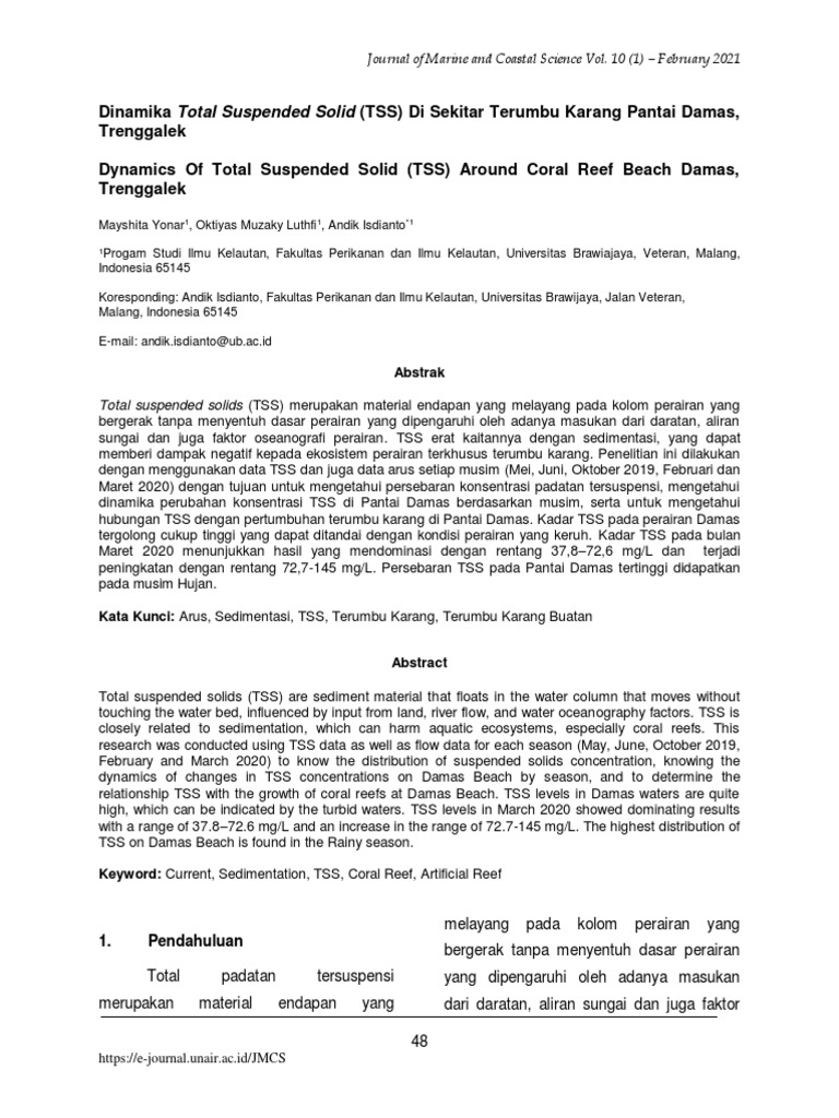 Dynamics Of Total Suspended Solid Tss Around Coral Pdf