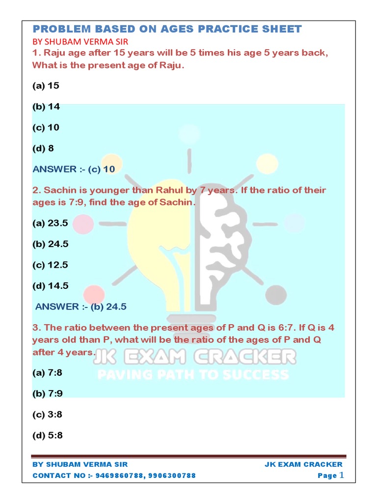Age Problems Practice Sheet | PDF