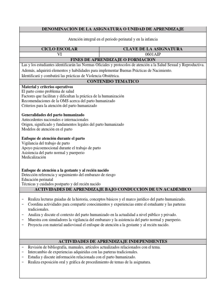 Programas de Estudio, Atención Integral en El Periodo Perinatal y en La ...