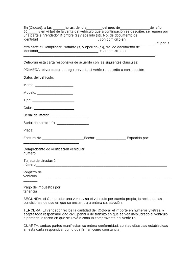 Ejemplo de Carta Responsiva para La Compraventa de Vehiculos ...