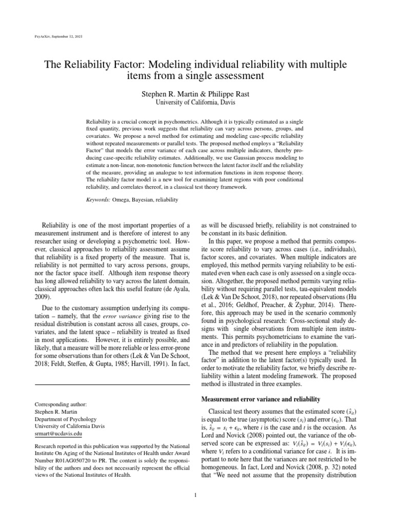 The Reliability Factor Estimating Individual Reliability With Multiple Items On A Single ...