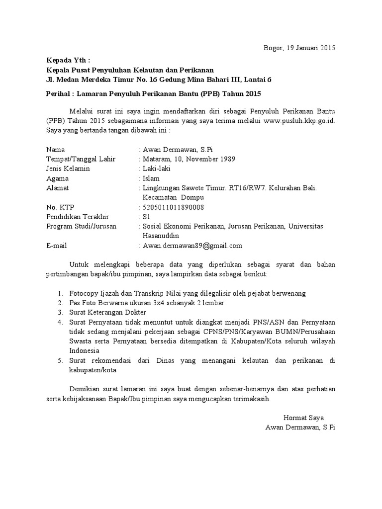 Surat Lamaran Penyuluh KKP | PDF