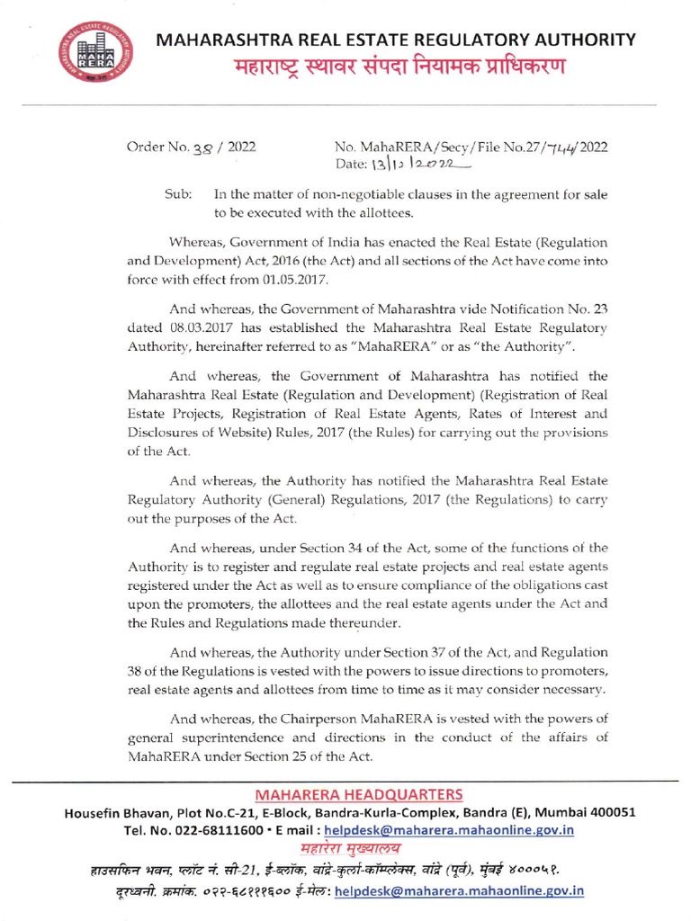 RERA Order No 38 Non-Negotiable Claues in The AFS | PDF | Breach Of Contract | Interest
