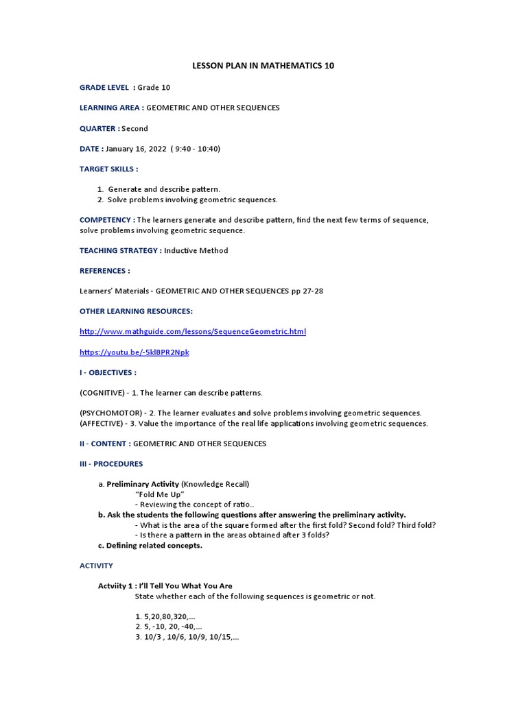 Lesson Plan in Mathematics 2nd Quarter | PDF | Learning | Geometry