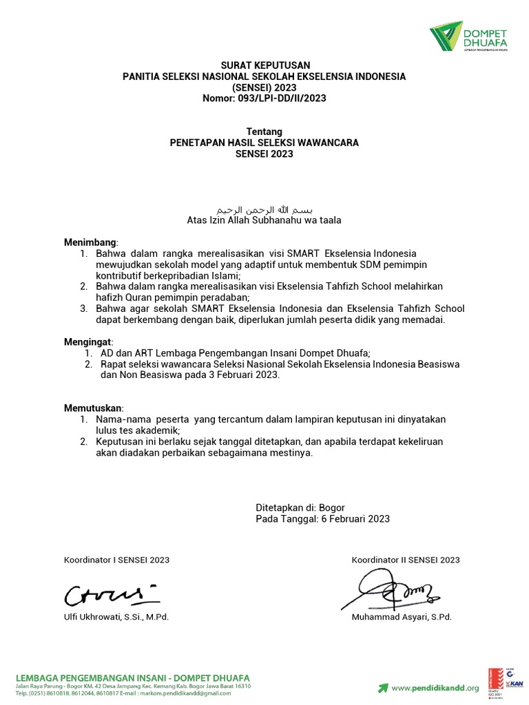SK Penetapan Hasil Seleksi Wawancara SENSEI 2023 | PDF | Perjalanan
