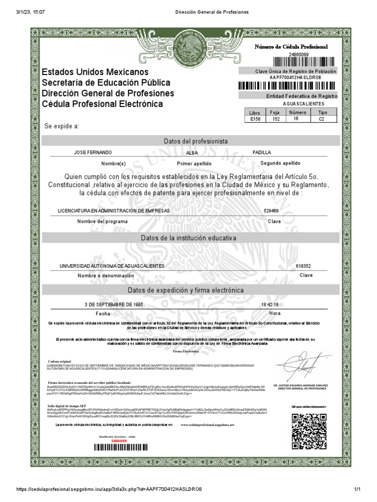 Estados Unidos Mexicanos Secretaría de Educación Pública Dirección General de Profesiones Cédula ...