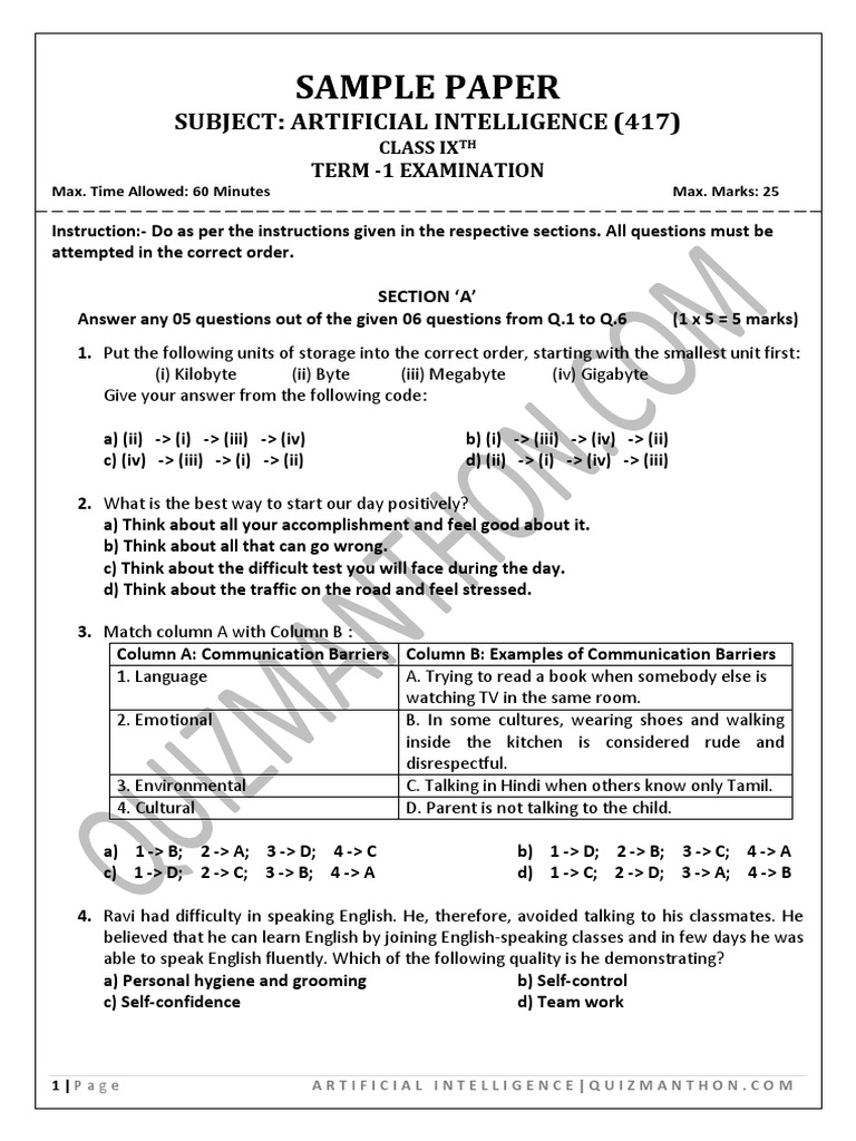 AI Term-1 Sample Paper-1 | Download Free PDF | Artificial Intelligence | Intelligence (AI ...