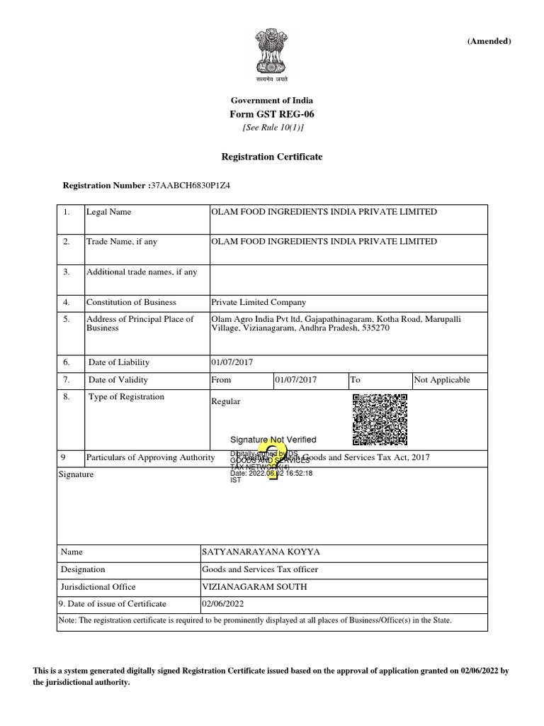 Olam Food Ingredients Registration Certificate | PDF | Business ...