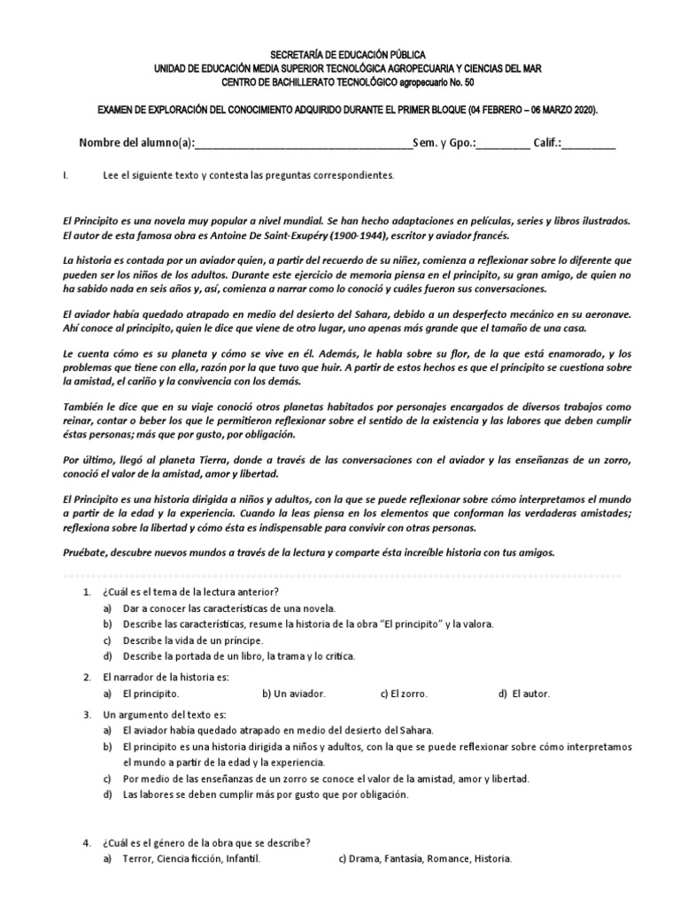 Primer Parcial Examen | PDF | El Principito