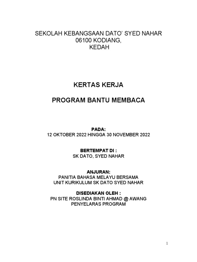 Kertas Kerja Prog Bantu Baca (1375) | PDF