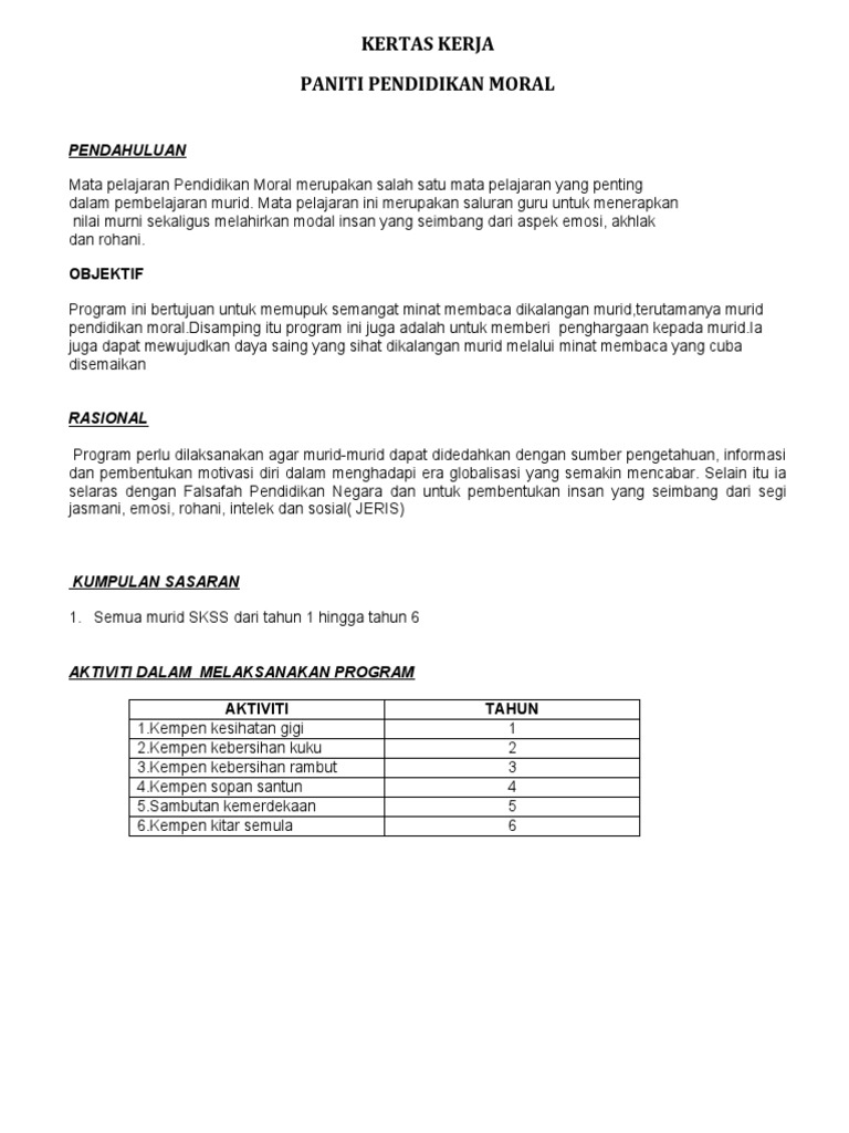 Kertas Kerja Panitia Pendidikan Moral | PDF