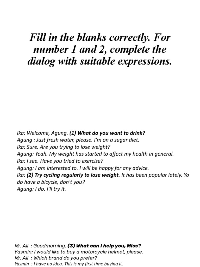 Fill in the blanks with suitable expressions dialog | PDF