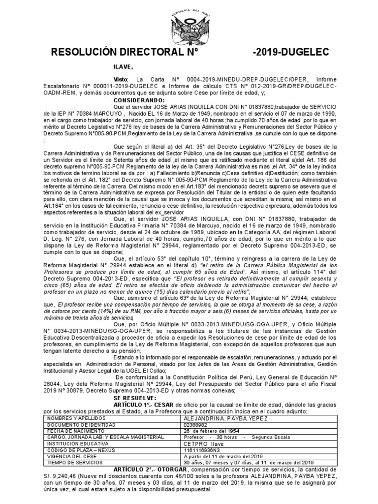 CESE POR LIMITE DE EDAD ALEJANDRINA PAYBA YEPEZ Corregido | PDF | Gobierno