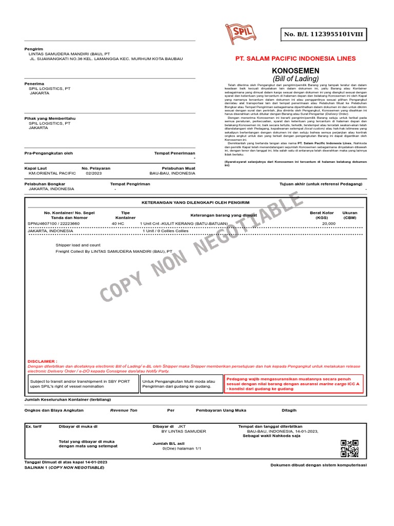 Copy BL 1123955101viii Lintas Samudera Mandiri (Bau), PT | PDF