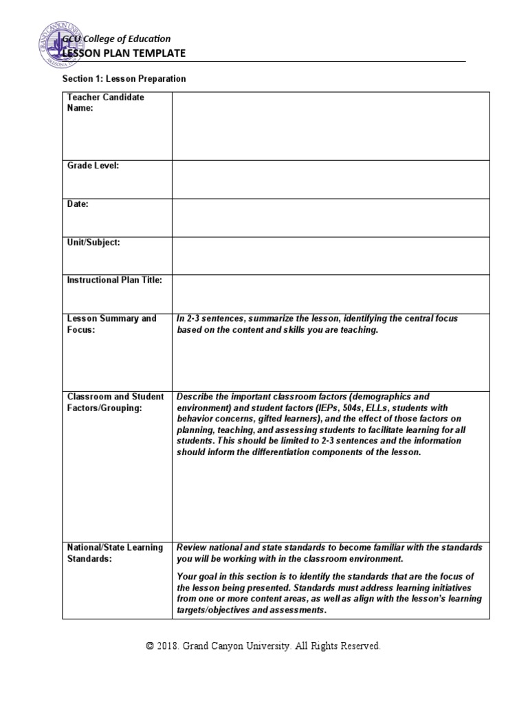 GCU Lesson Plan Template | PDF | Lesson Plan | Learning