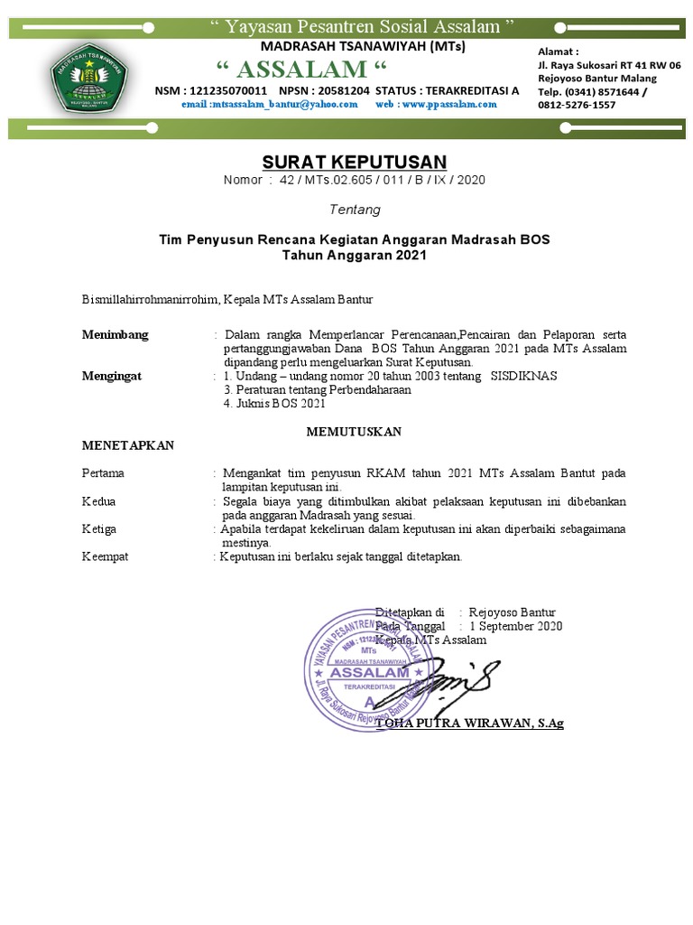 SK Tim Penyusun RKAM BOS 2021 | PDF