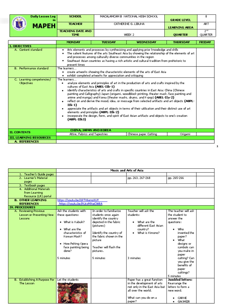 MAPEH Grade 8 Art Lesson Plan | PDF
