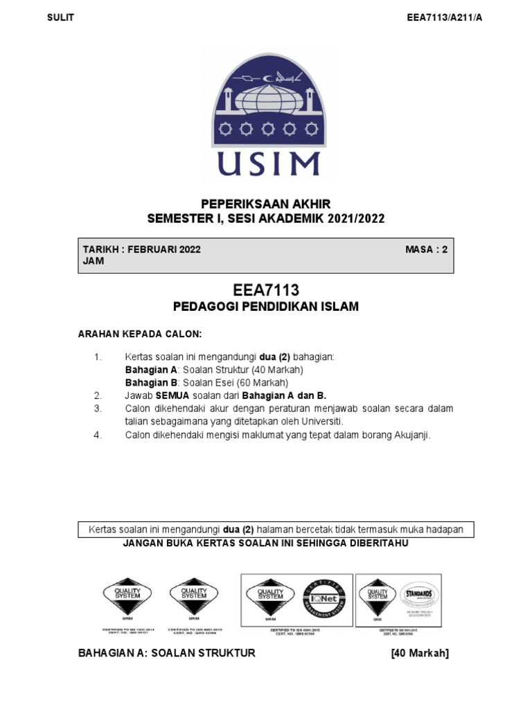 Soalan Final Exam Pedagogi Pendidikan Islam | PDF