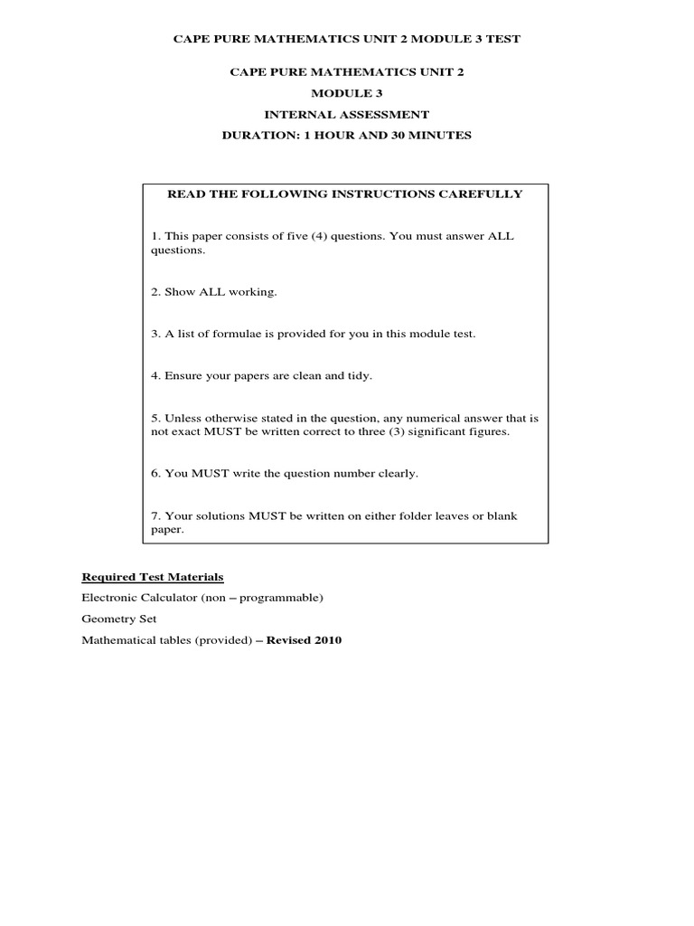 CAPE Mathematics Unit 2 Module 3 Test | PDF | Differential Equations ...
