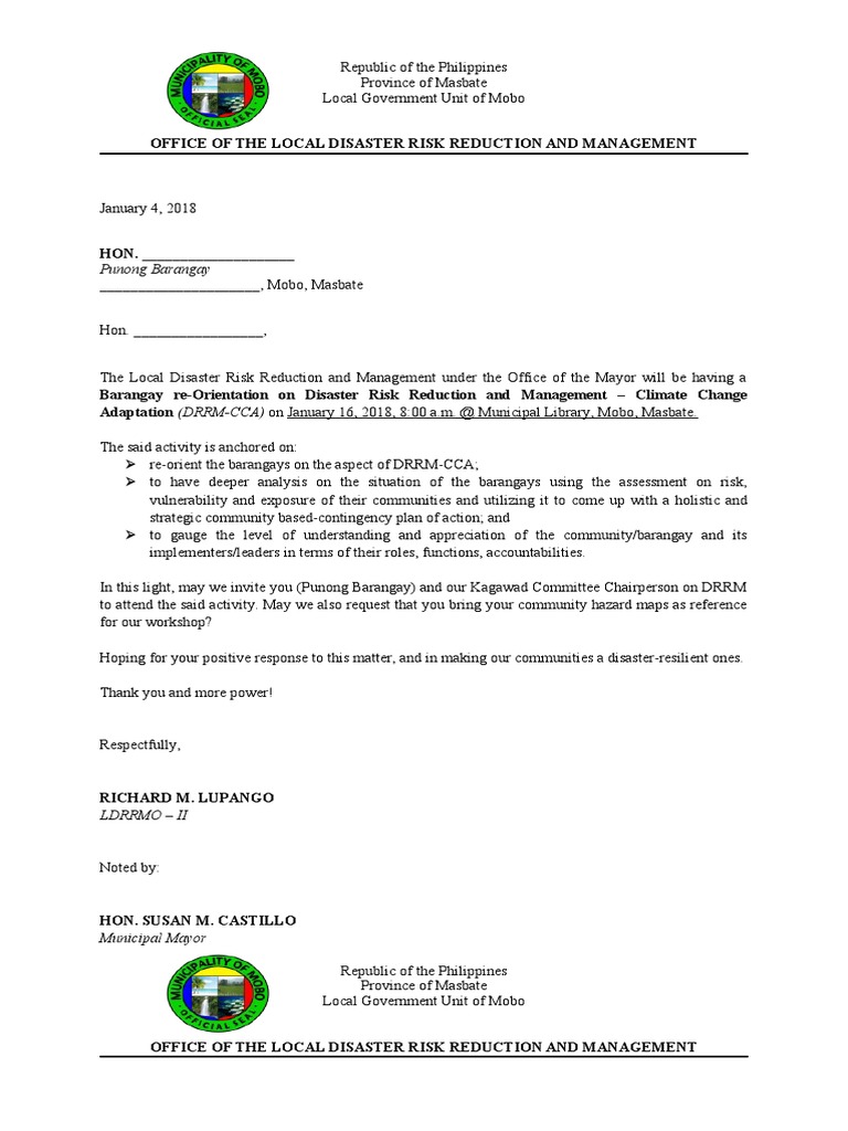 Communitication Letter For DRRM-CCA | PDF | Disaster Risk Reduction | Risk