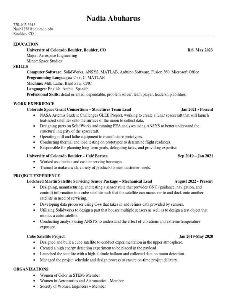 Nadia Abuharus Resume 2023 | PDF | Satellite | Nasa